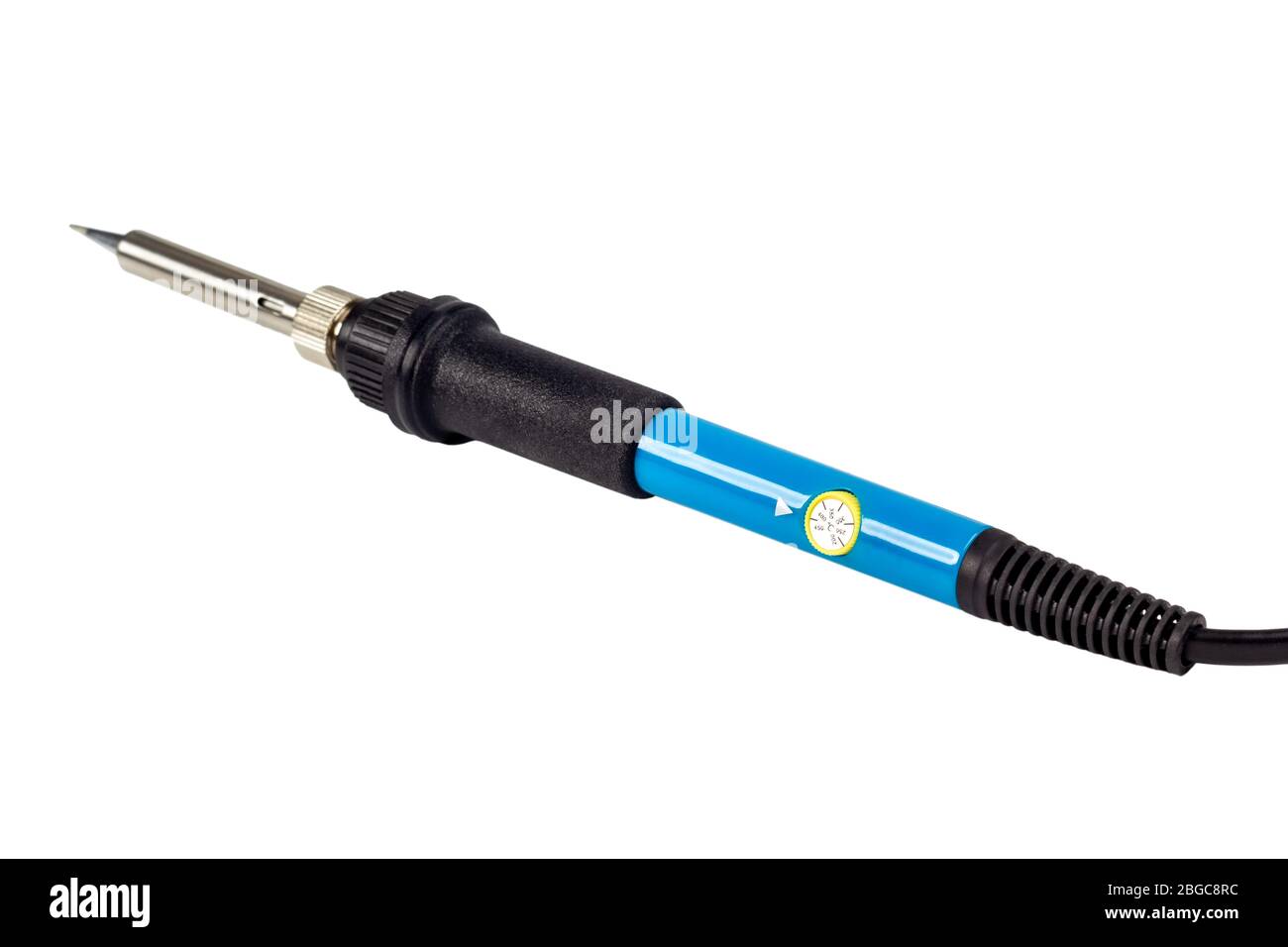 Electric soldering iron with the blue handle isolated on a white ...