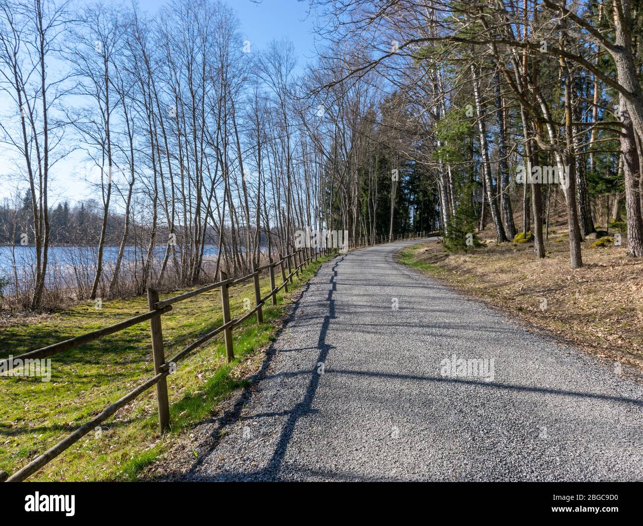 landscape with a simple road, early spring, roadside wooden fence Stock ...