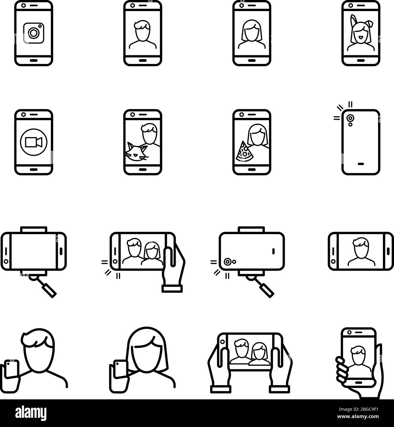 Selfie photo, people take photo with smartphone and monopod line vector ...