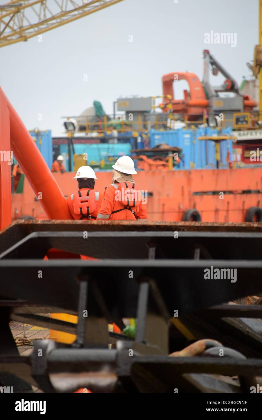four point anchor handling operation carried out on deck vessel for oil ...