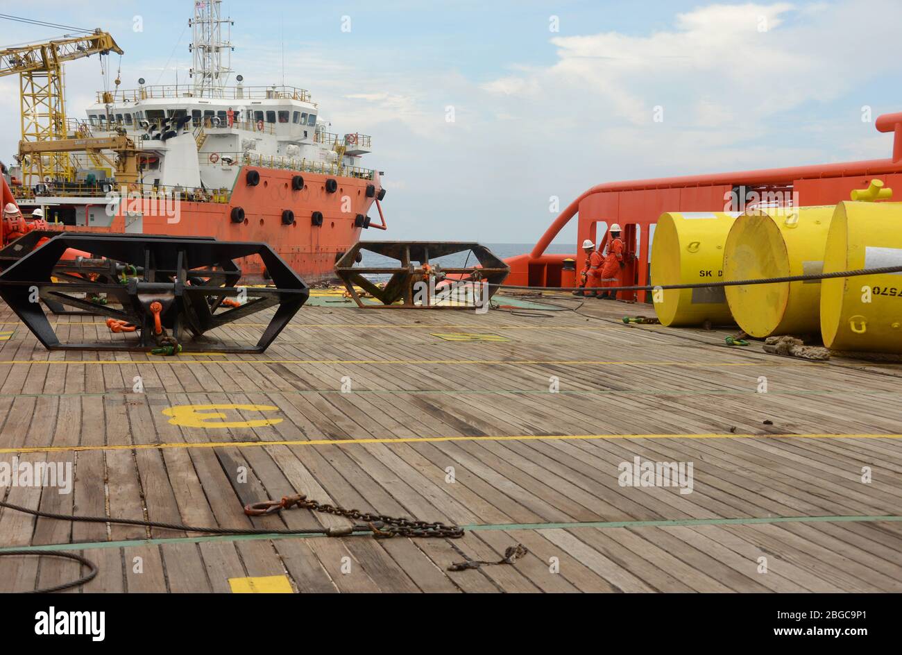 four point anchor handling operation carried out on deck vessel for oil ...