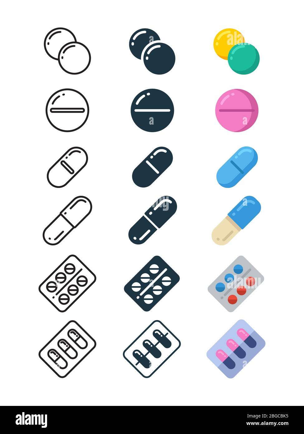 Line and silhouette icons of illegal drug tablets, alcohol addiction ...
