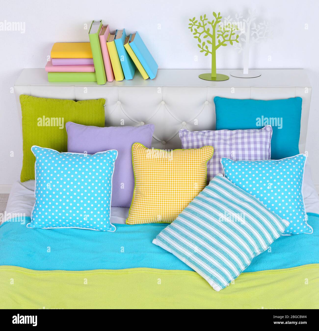 Bed in room top view close-up Stock Photo - Alamy