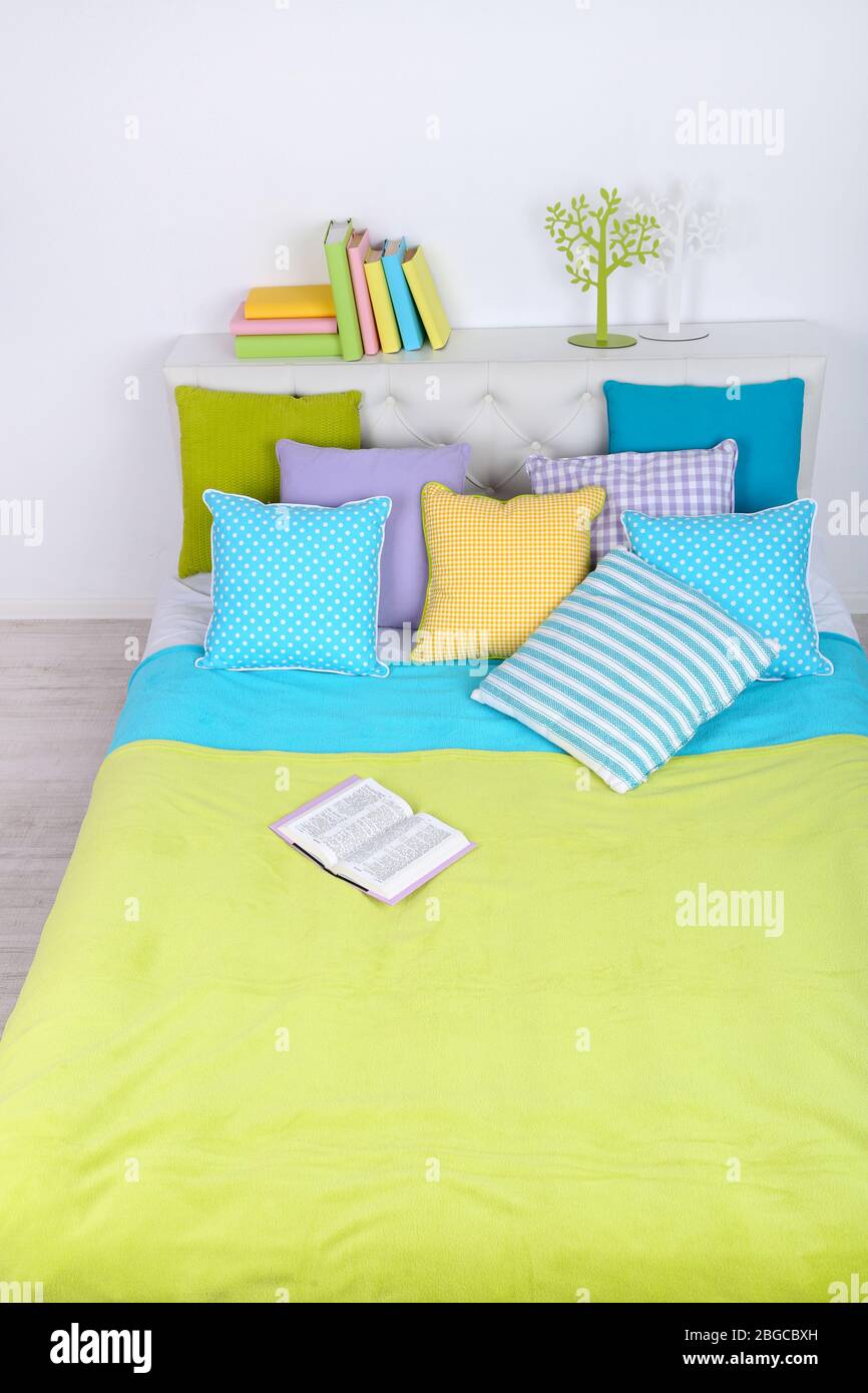 Bed in room top view close-up Stock Photo - Alamy
