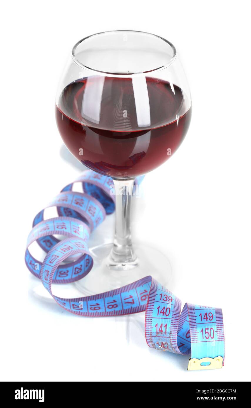 Glass of wine and measuring tape isolated on white Stock Photo - Alamy