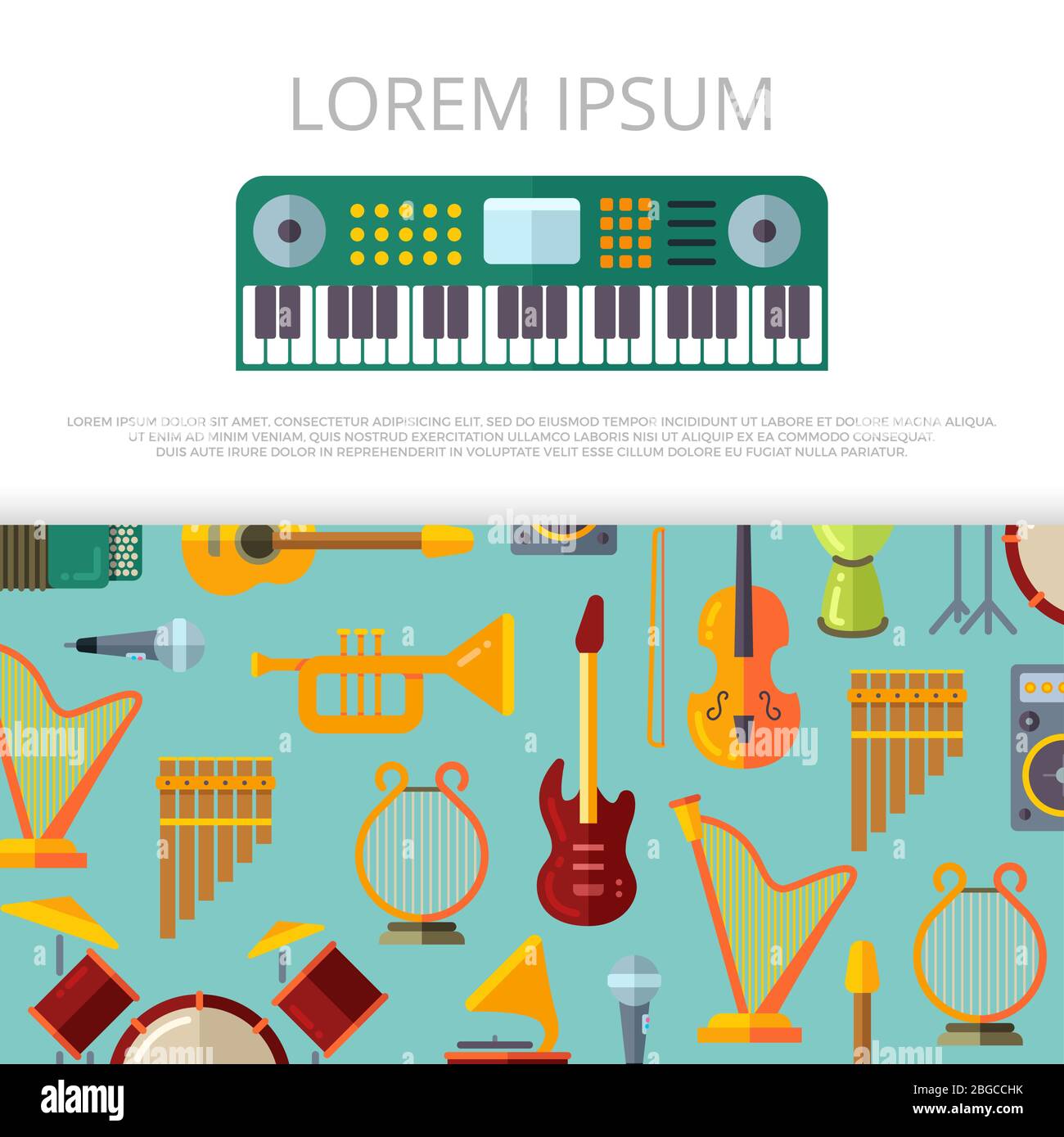 Flat colored musical instrumets banner or poster template. Vector ...