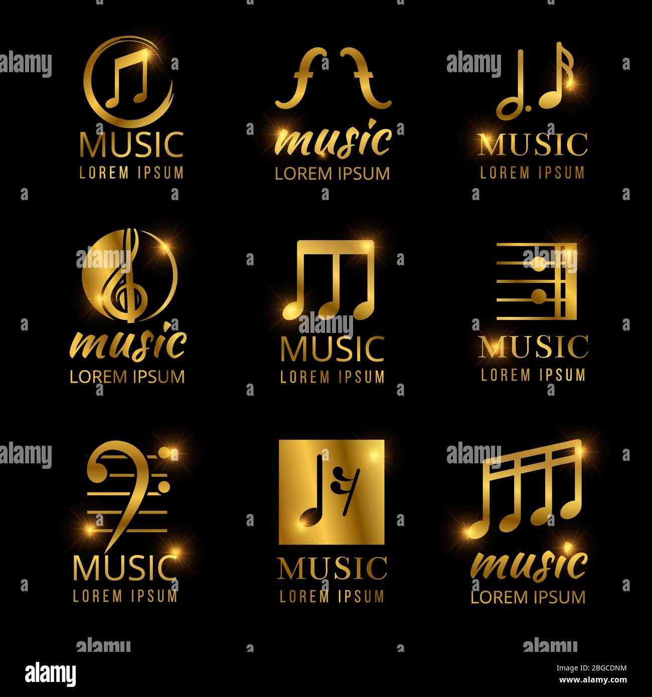 Shiny golden color music logos set isolated on black. Vector ...