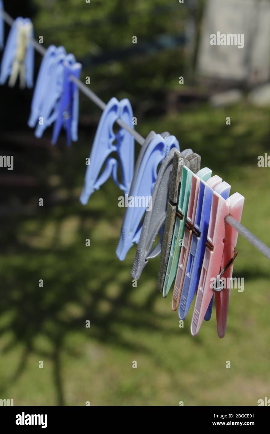 row of plastic pegs on clothes line Stock Photo - Alamy