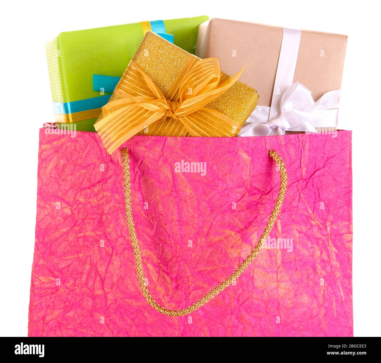 Presents in paper bag isolated on white Stock Photo - Alamy