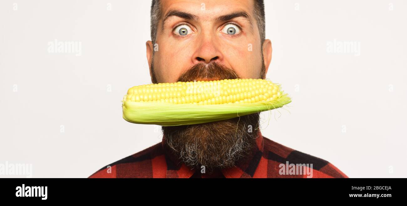 Farming and autumn crops concept. Guy with eyes wide open shows his ...