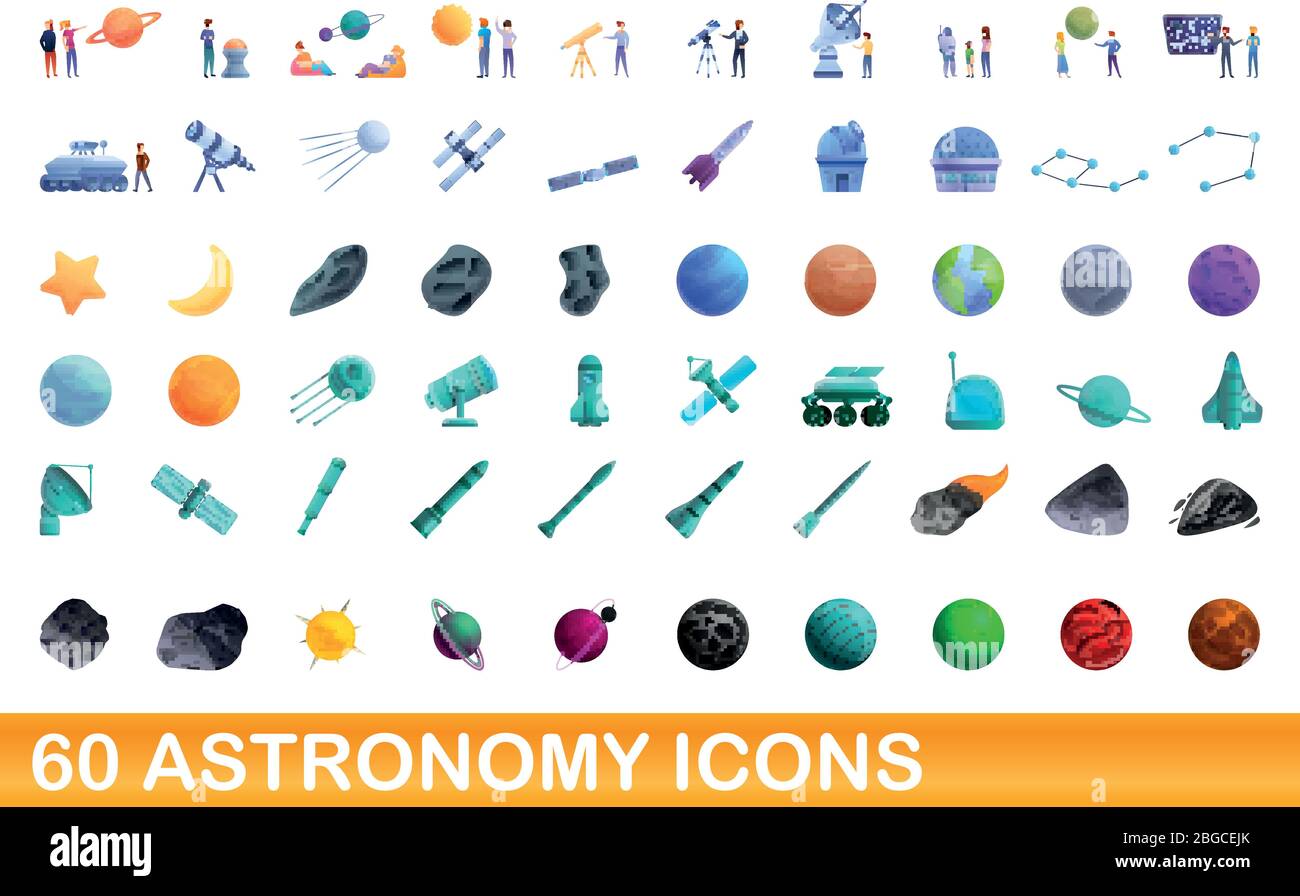 60 astronomy icons set. Cartoon illustration of 60 astronomy icons ...