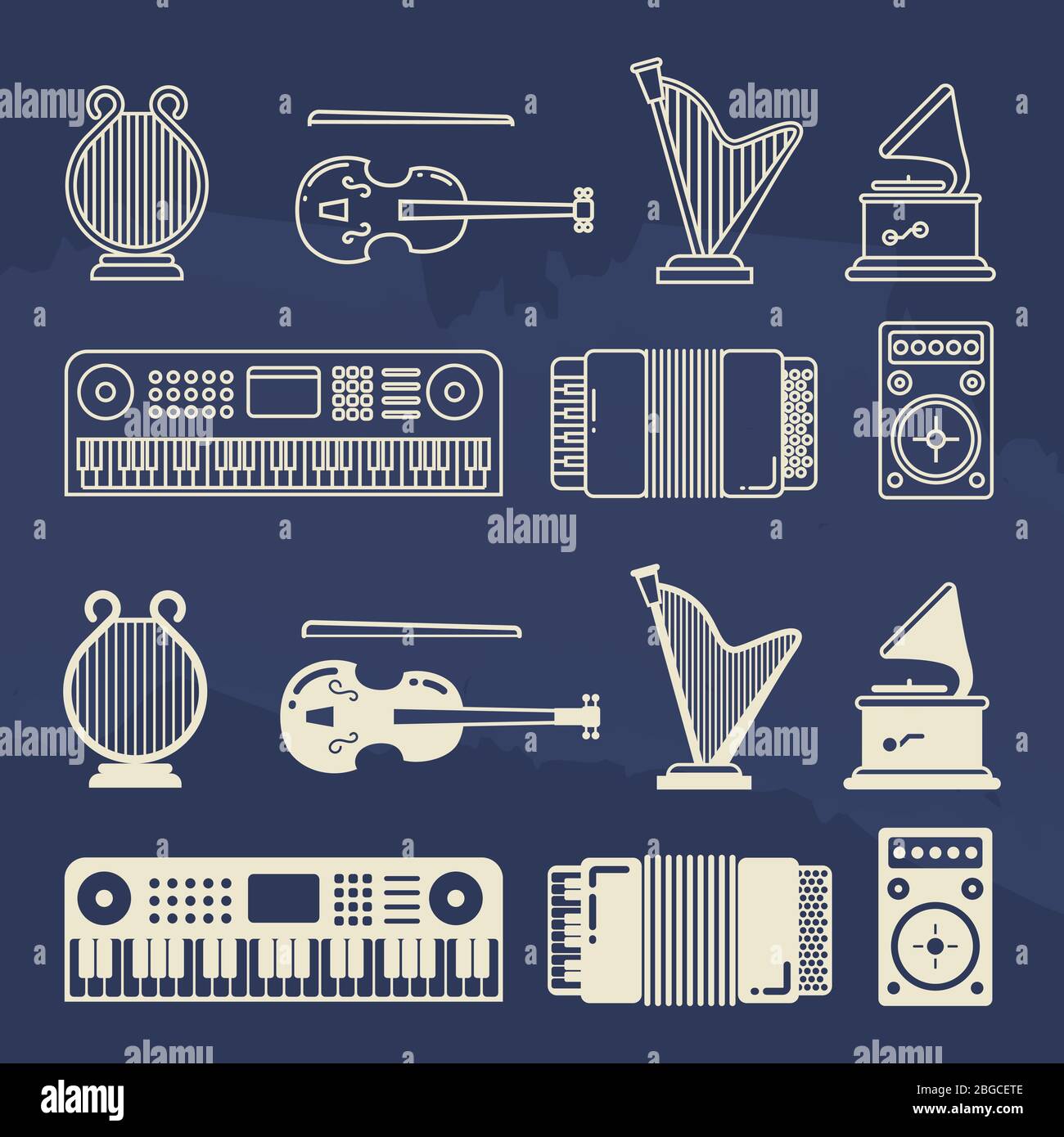 Line and silhouette classic music instruments icons of set. Vector ...