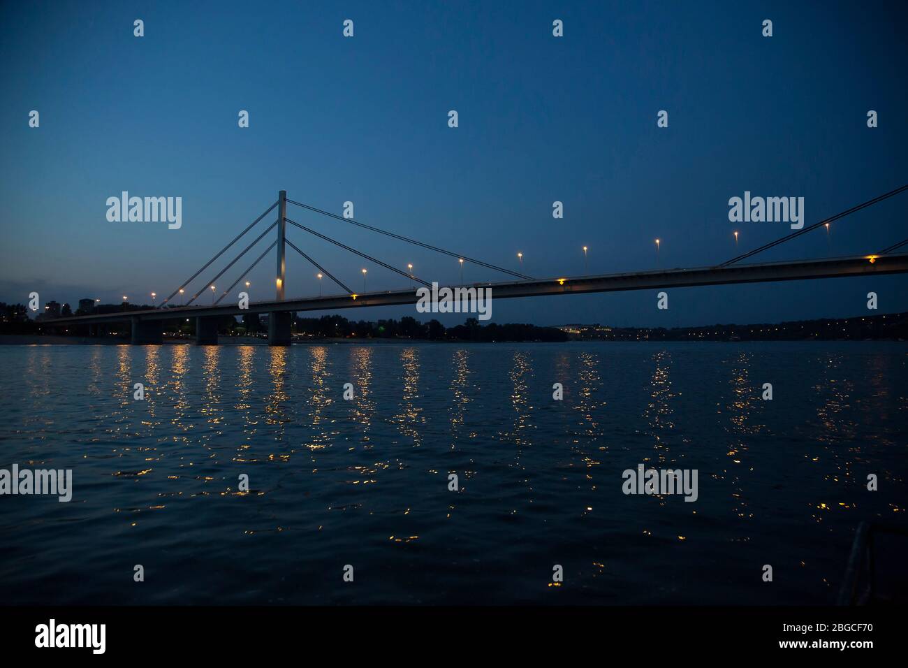 Liberty bridge over Danube in Novi Sad at blue hour. Shot from river ...