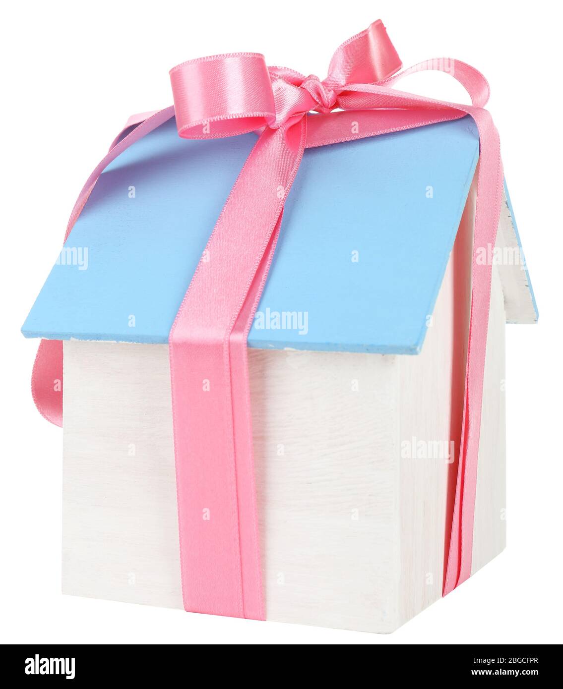 Small wooden house with ribbon isolated on white Stock Photo - Alamy