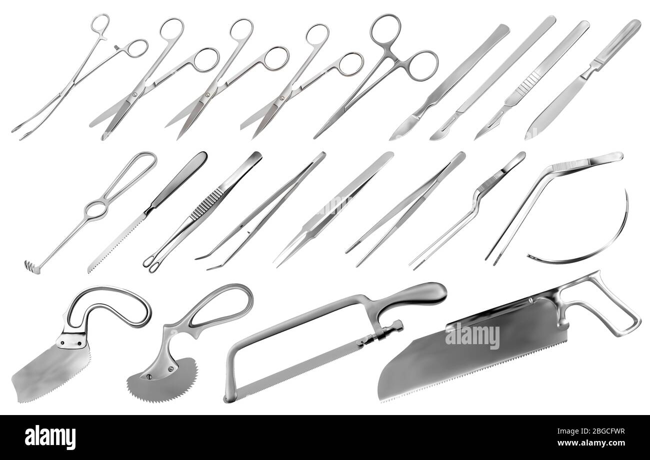 Surgical instruments set. Tweezers, scalpels, Liston s knife, clamp ...