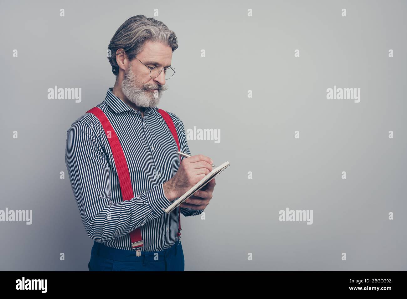 Profile side view portrait of his he nice attractive fashionable well ...