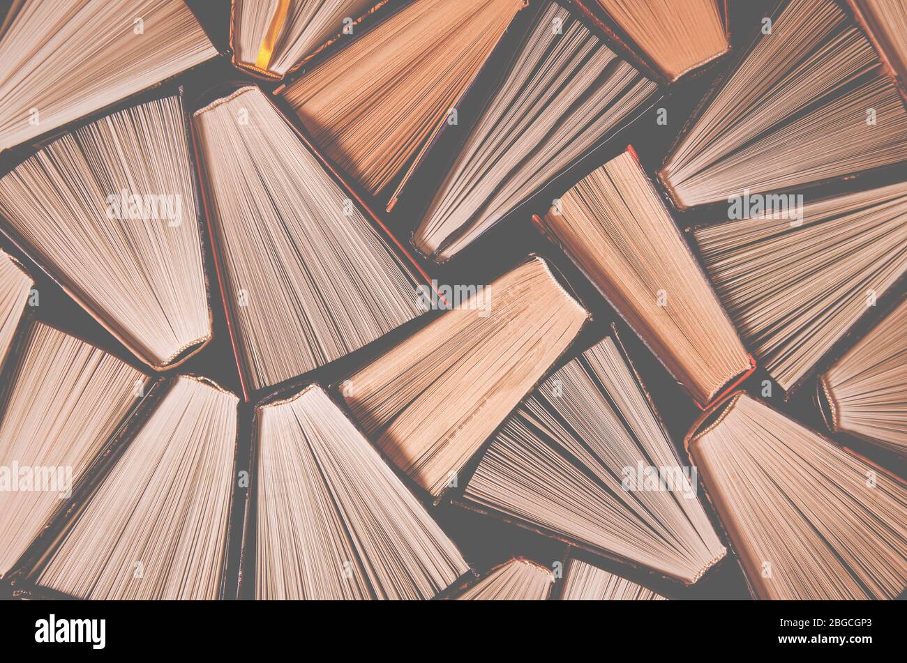 Many old multi-colored open books stand on the bookshelf in the library ...