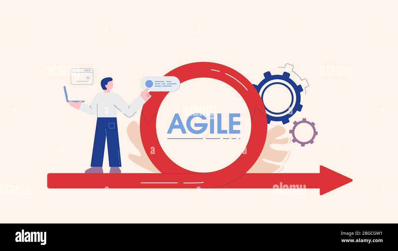 Cartoon male engineer with laptop working on scrum development life ...