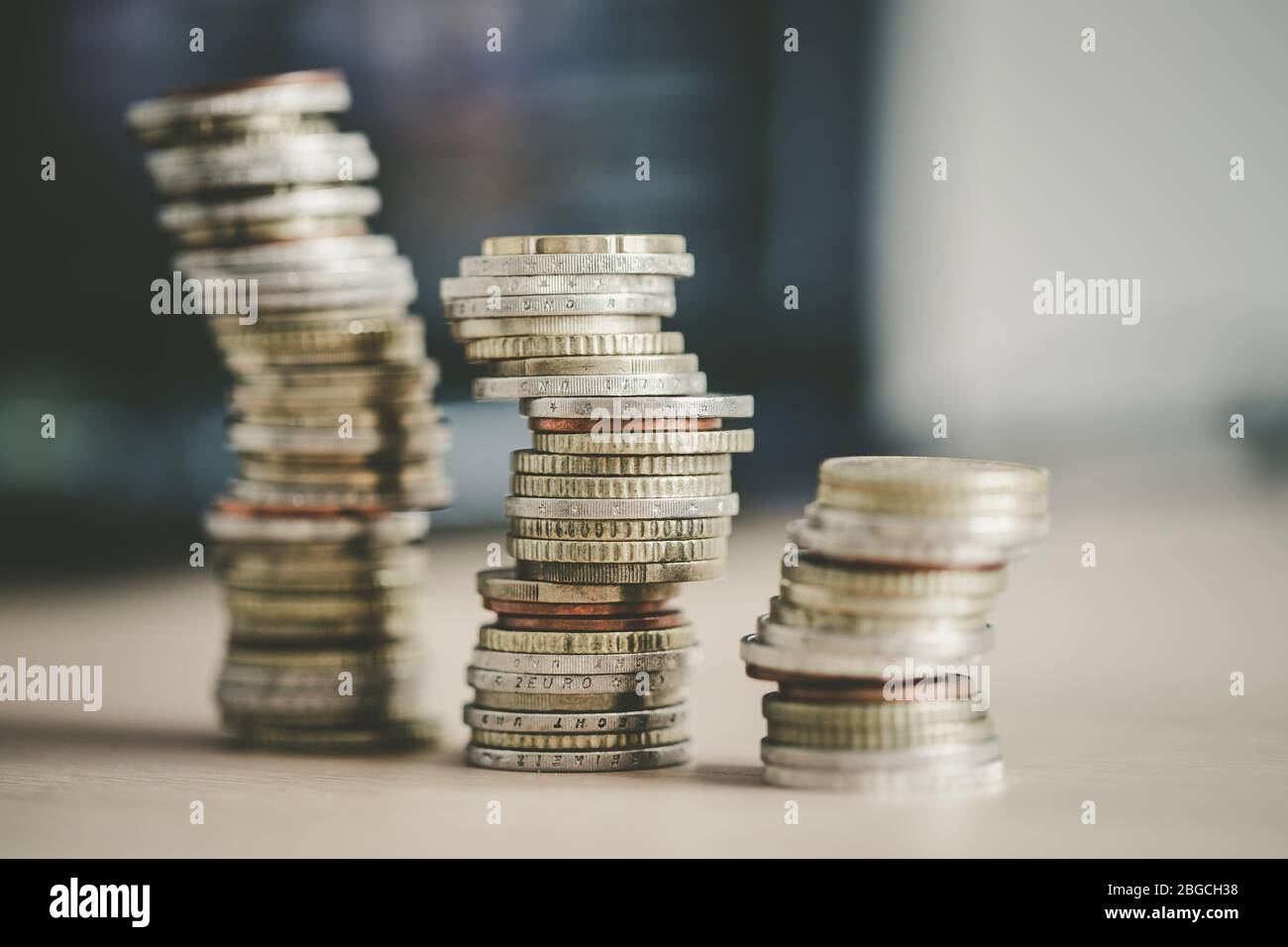 Coins stacked on each other, close up picture, market crisis and ...