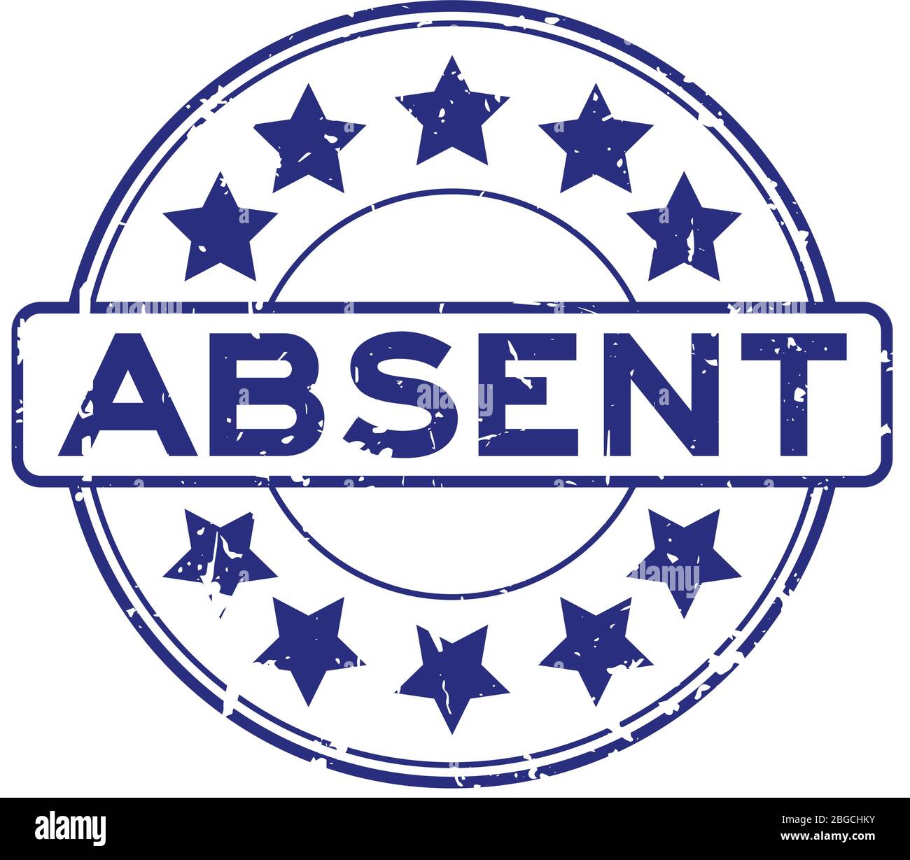 Grunge blue absent word with star icon round rubber seal stamp on white ...