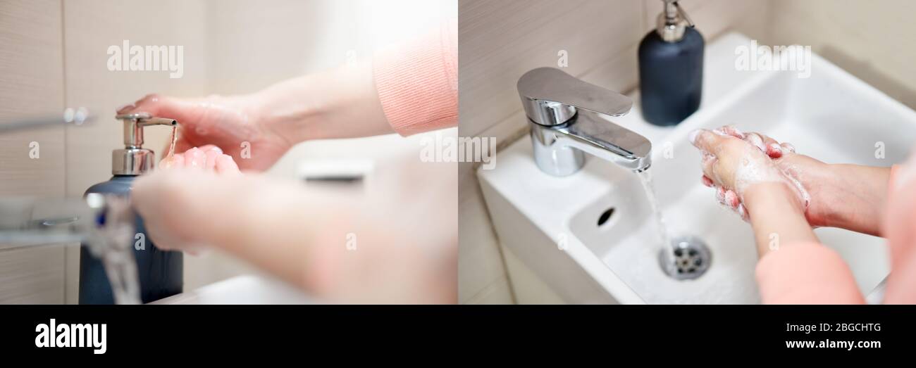 Washing of hands with soap under water in bathroom. Collage hygiene ...