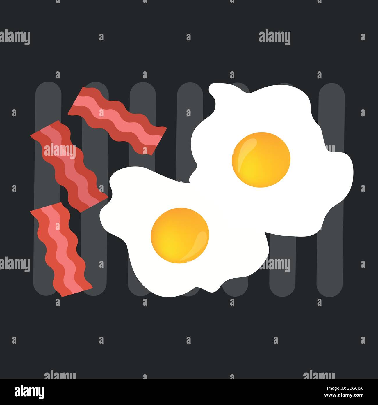 Tasty and hearty breakfast - eggs and juicy bacon in a pan. Vector flat ...