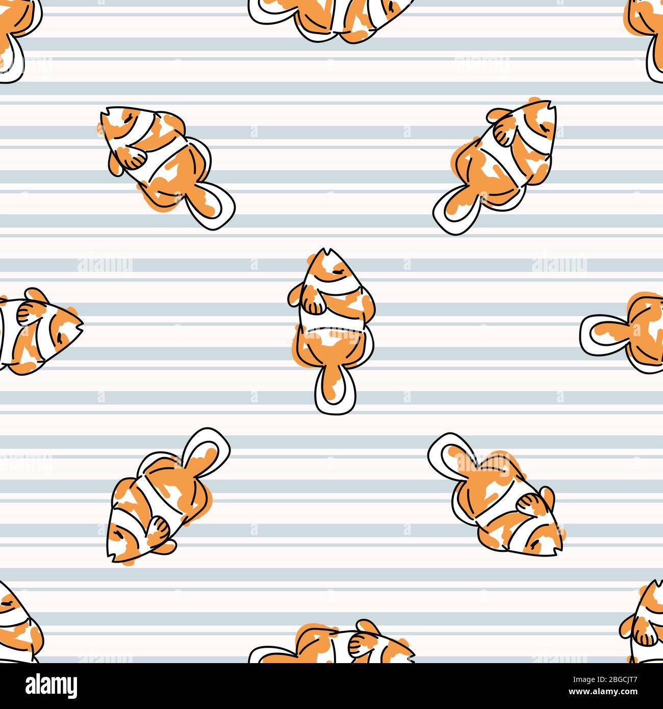 Cute cartoon clownfish seamless vector pattern. Hand drawn sealife fish ...