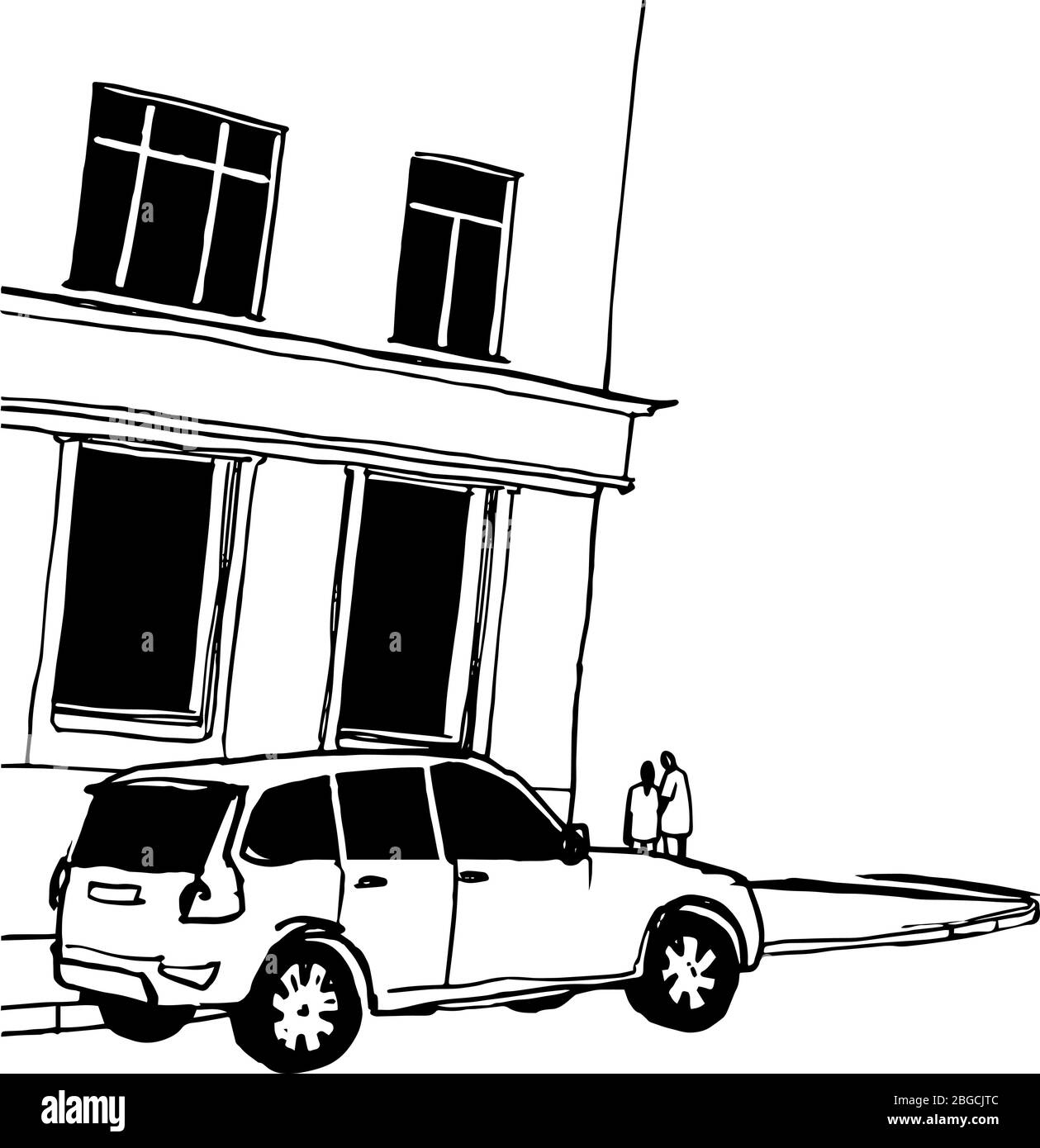 Vector hand drawn illustration of city street with car, building and ...