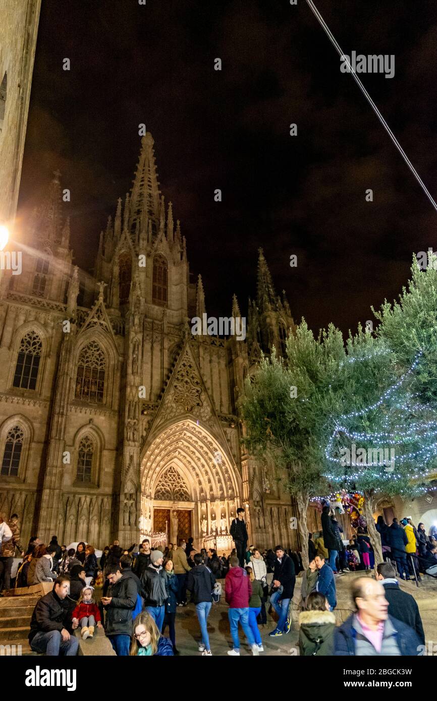 Santa Llucia christmas market at night in Barcelona, Catalonia, Spain ...