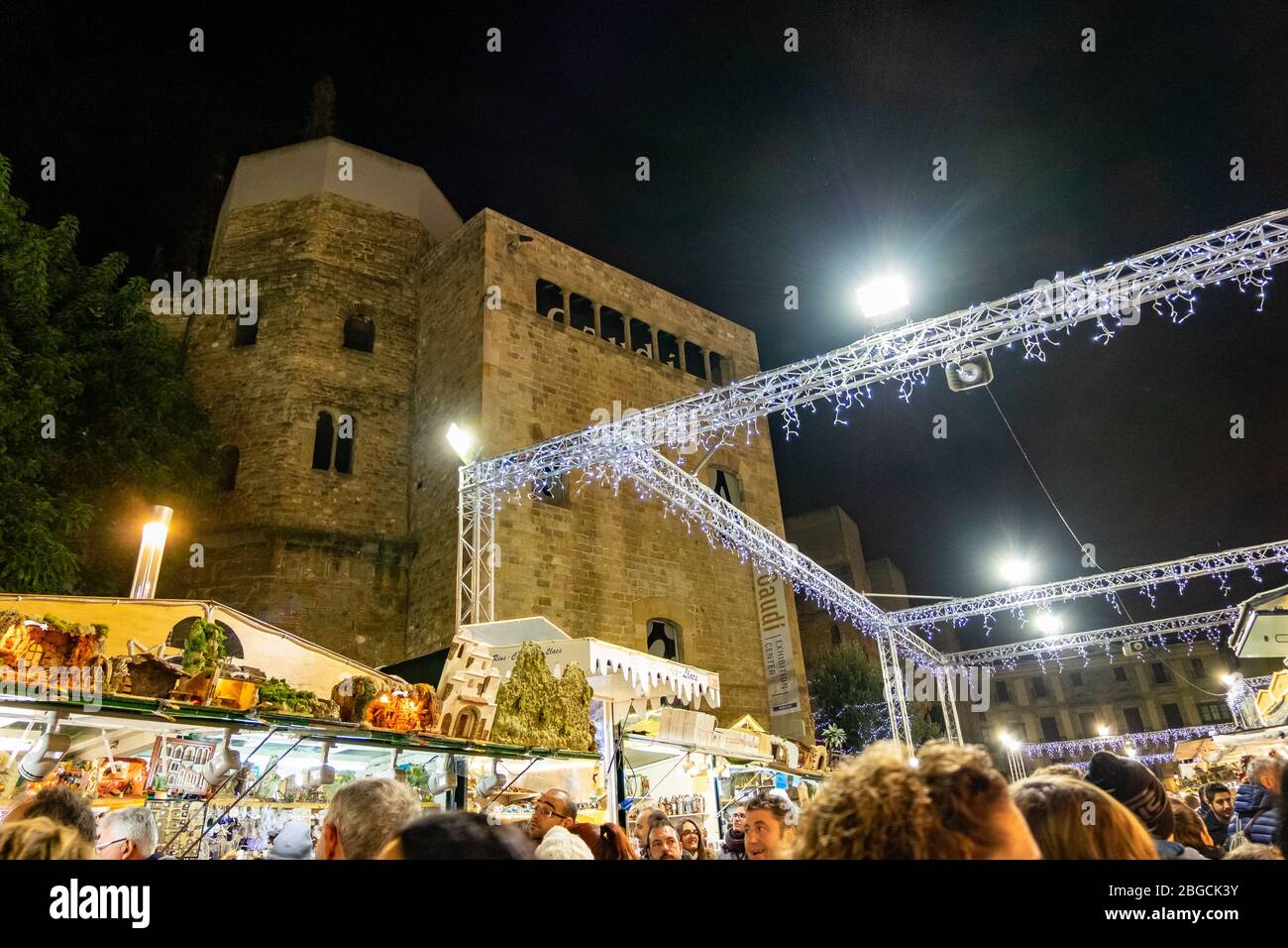 Santa Llucia christmas market at night in Barcelona, Catalonia, Spain ...