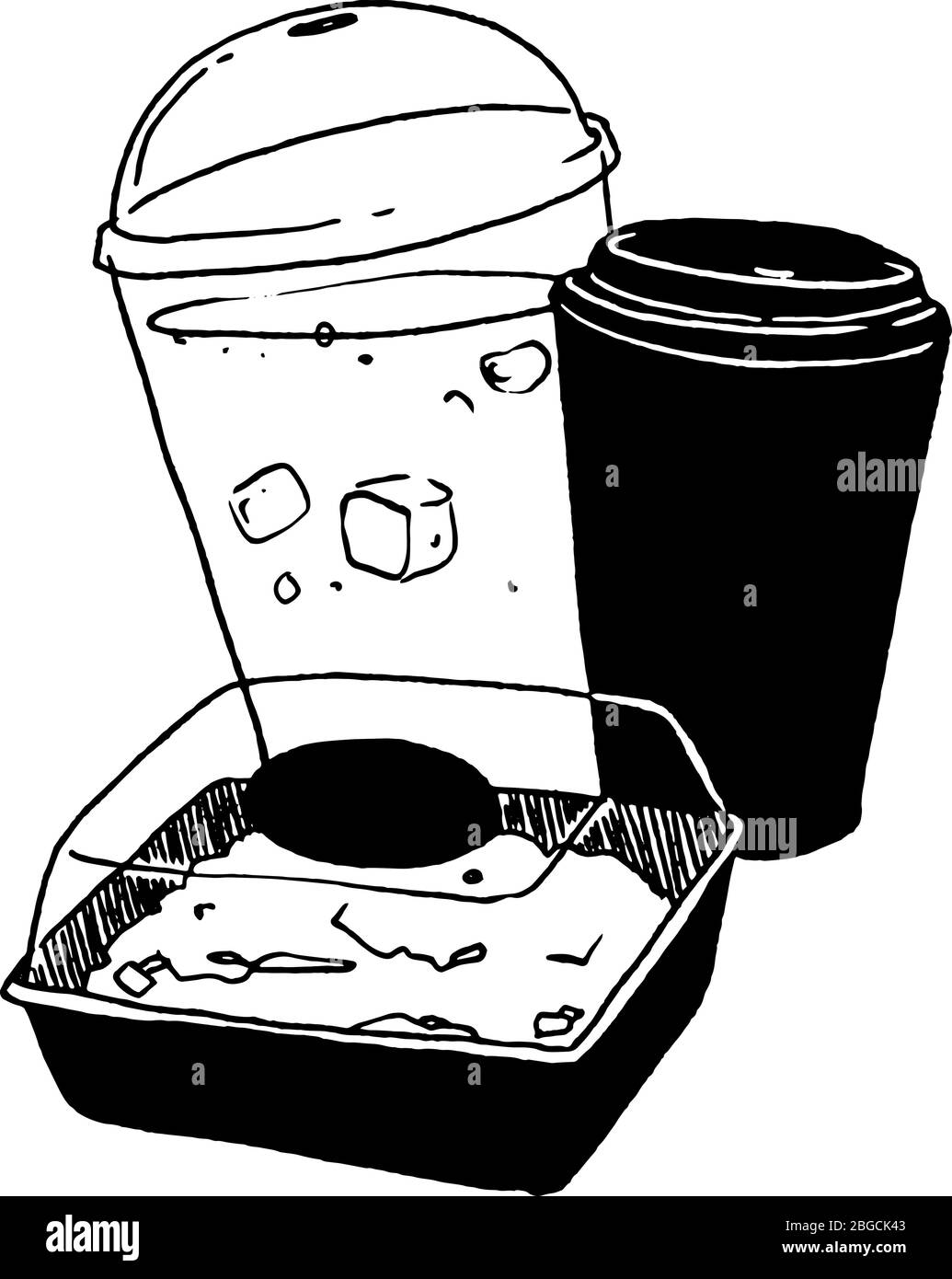 Hand drawn take away coffee and lemonade cups with lunch box sketch ...