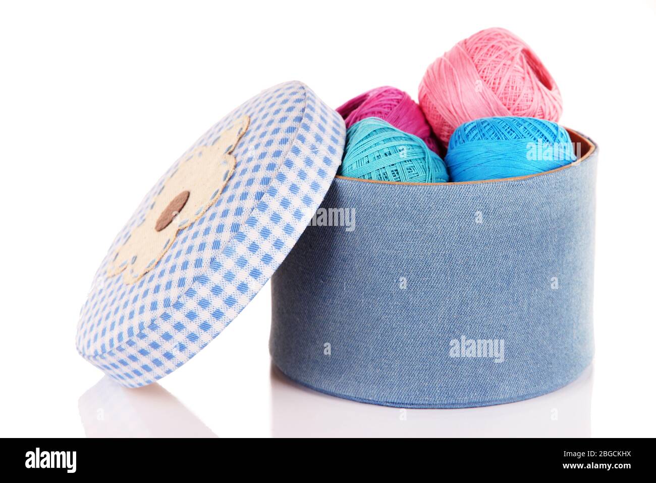 Decorative box with colorful yarn for knitting isolated on white Stock ...