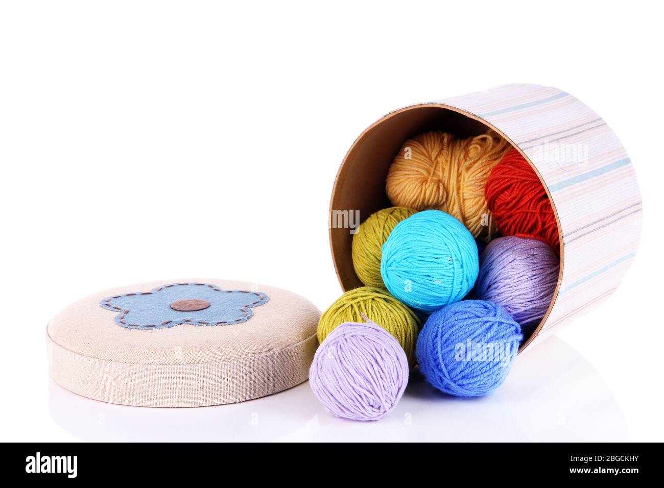 Decorative box with colorful yarn for knitting isolated on white Stock ...