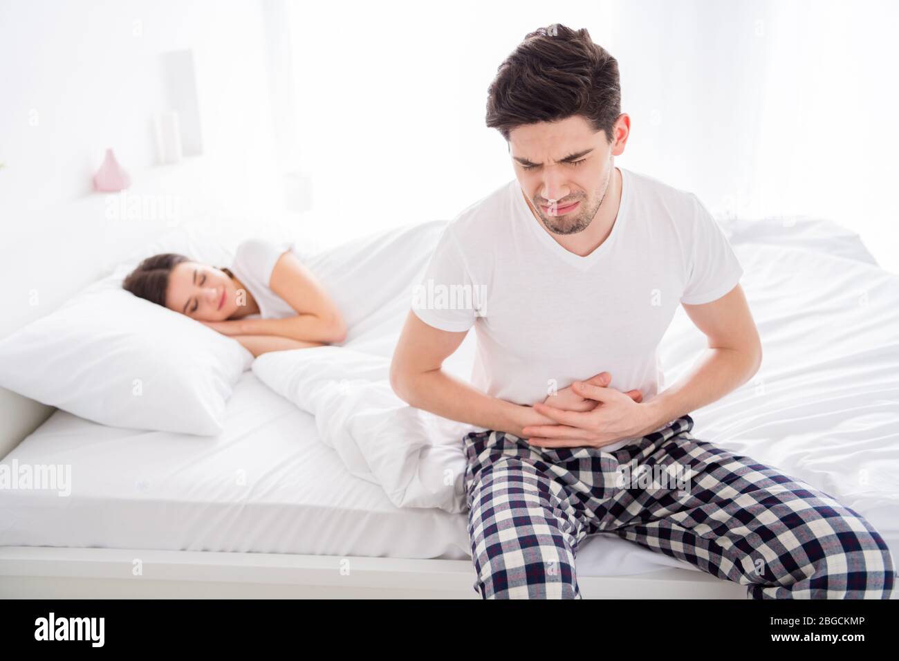 Photo of pretty lady comfy lying sheets blanket morning handsome ...