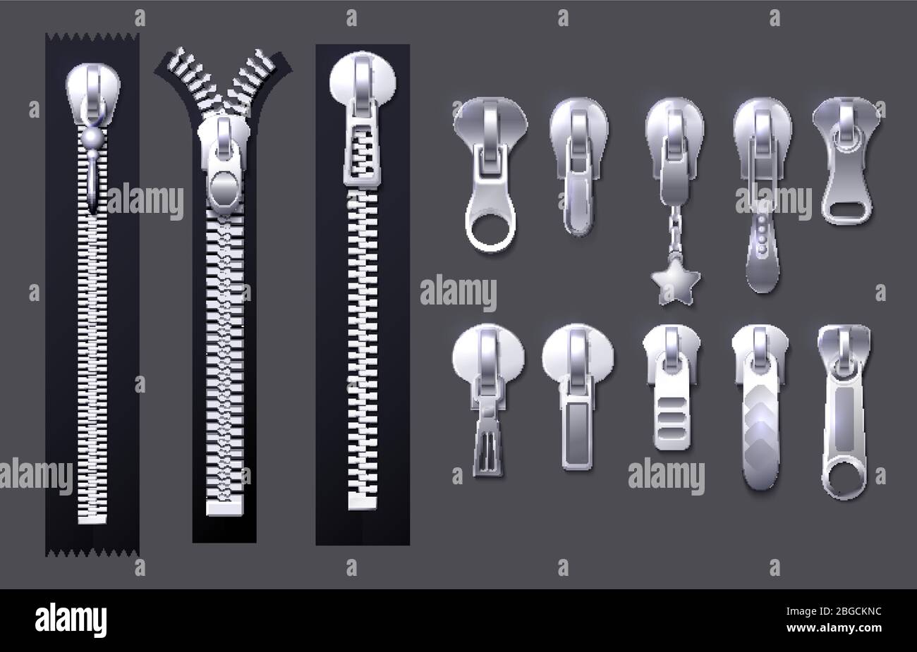 Metal and plastic fasteners, zippers. Garment components and handbag accessories vector set ...