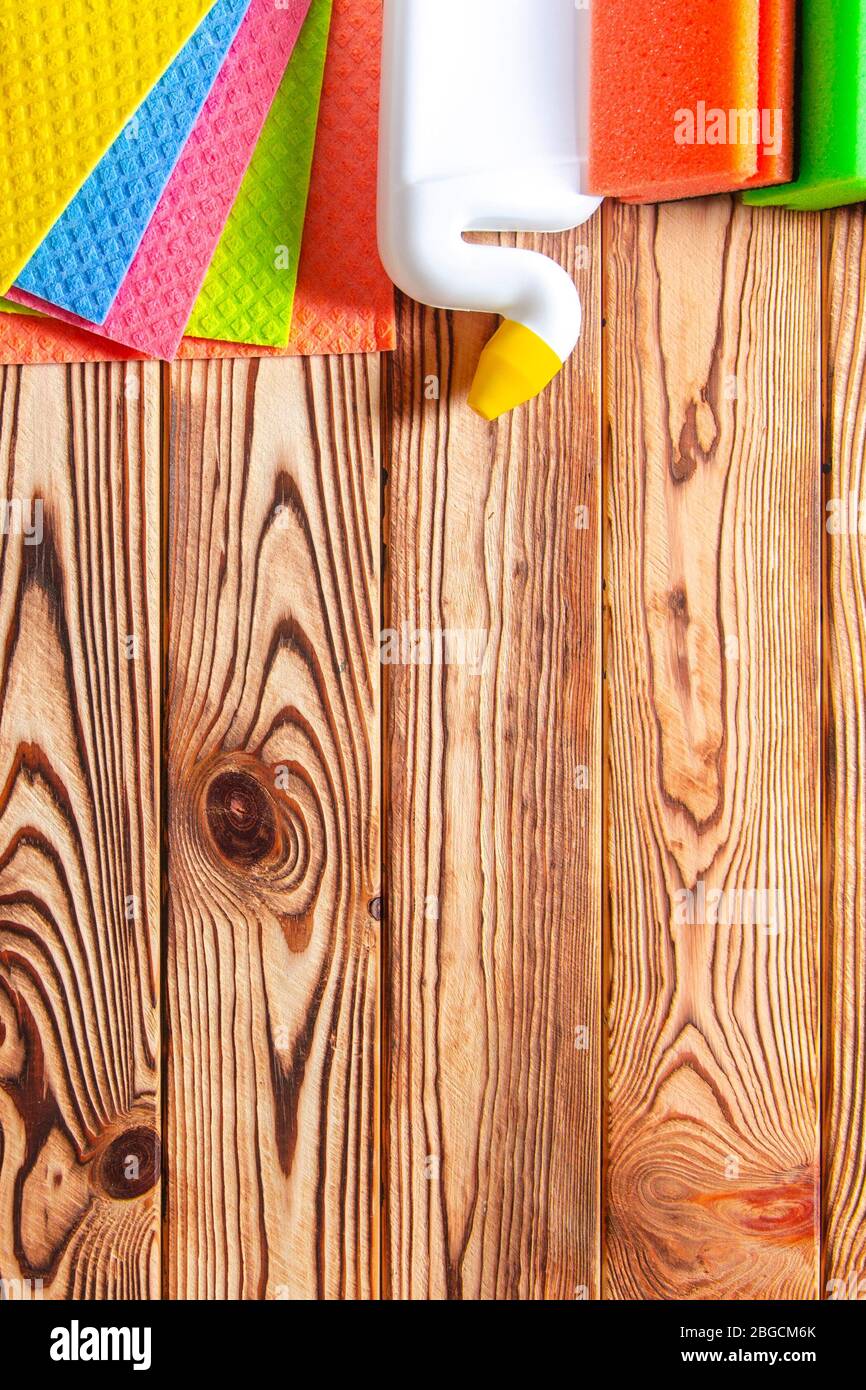 Colorful cleaning set for different surfaces in kitchen, bathroom and ...