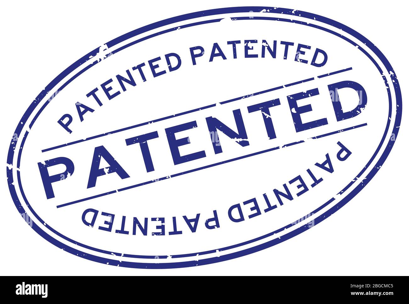 Grunge blue patented word oval rubber seal stamp on white background ...