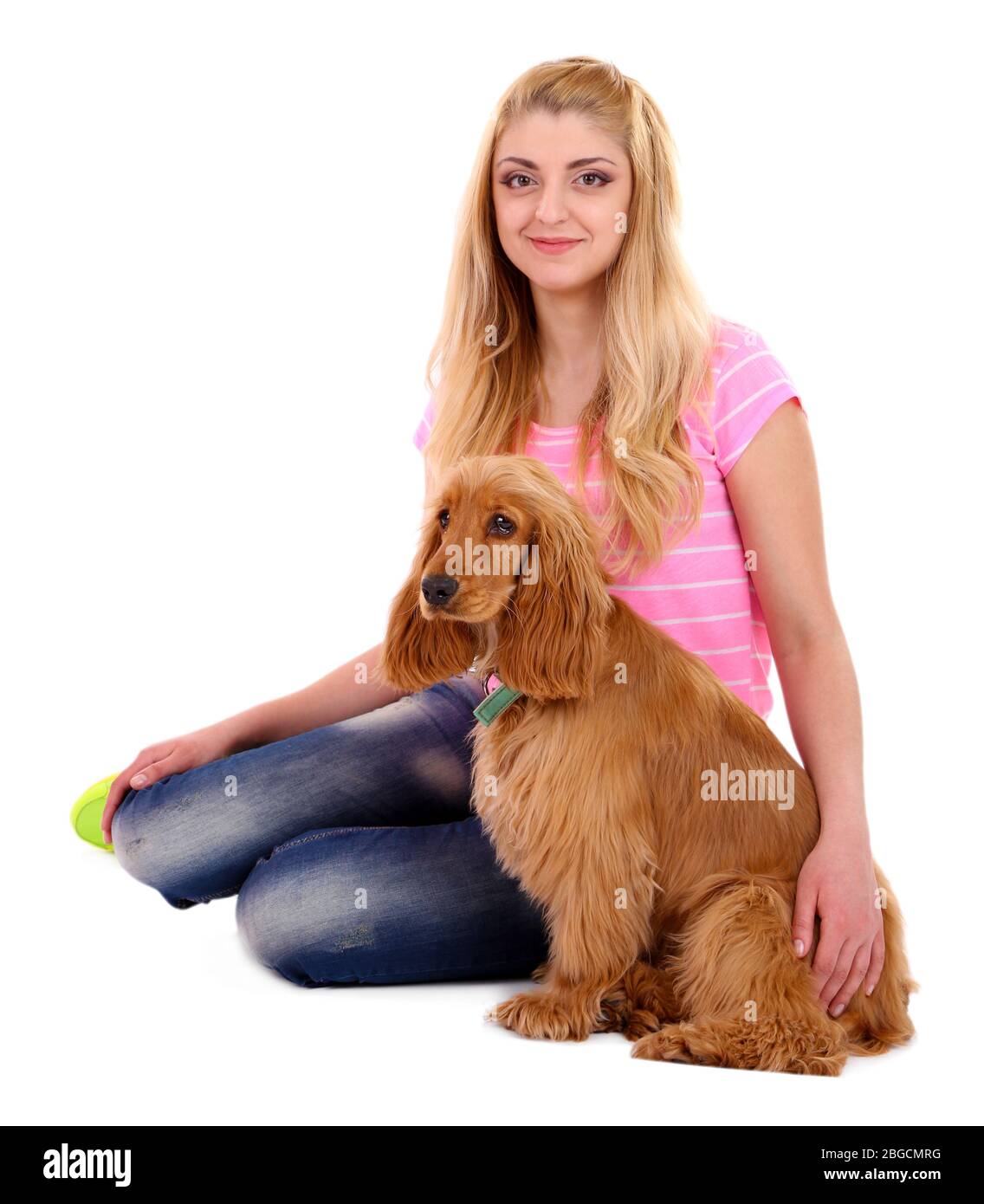 Beautiful young woman with cocker spaniel isolated on white Stock Photo ...