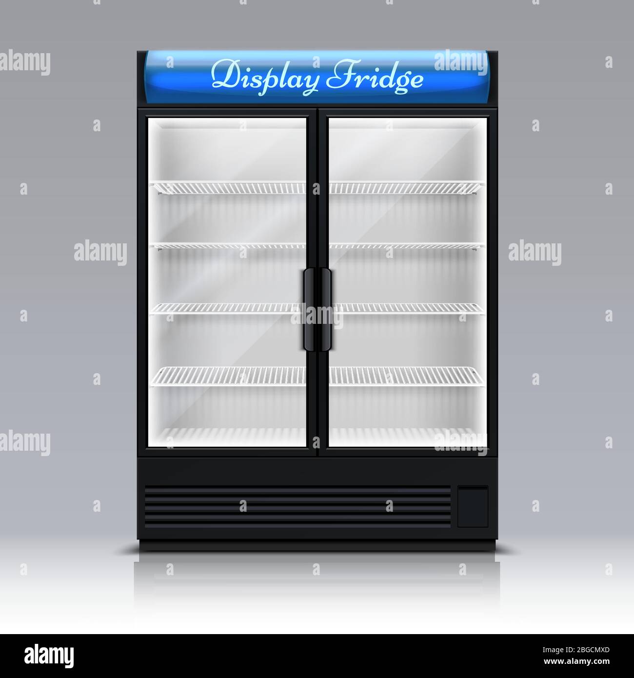 Empty freezer for beverages with glass door. Supermarket food fridge 3d ...