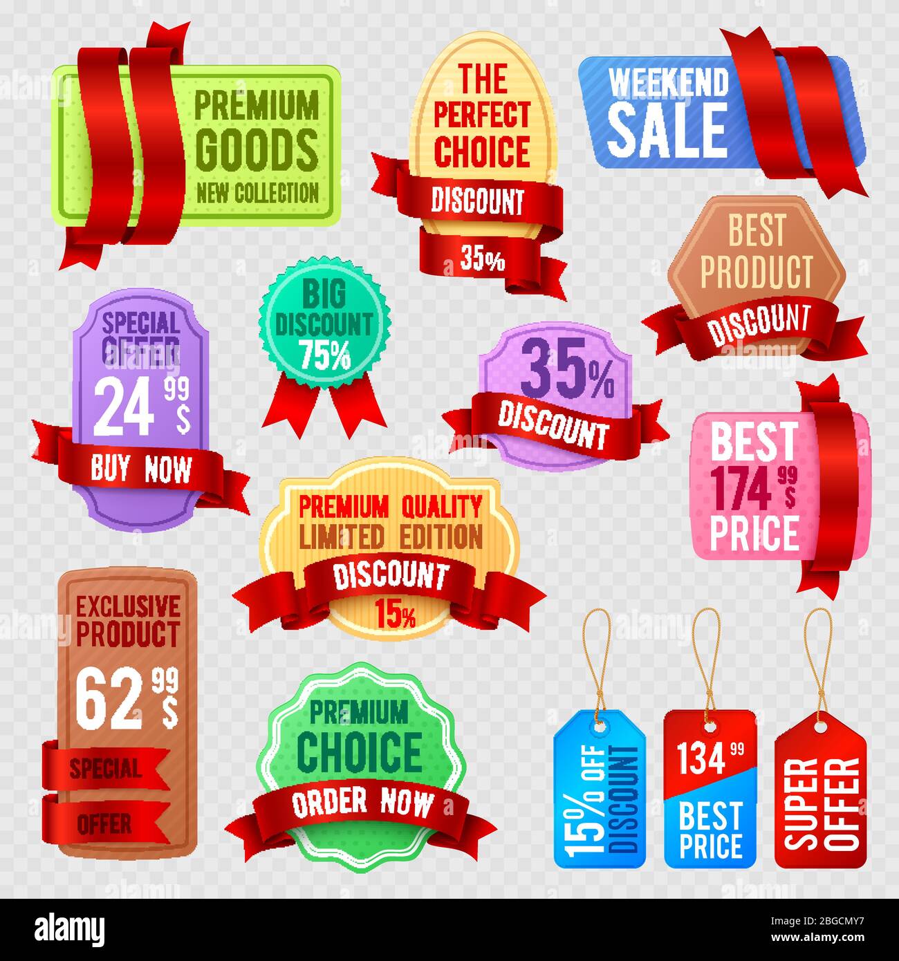 Sale and discount price tags, ribbon banners with promo text isolated ...
