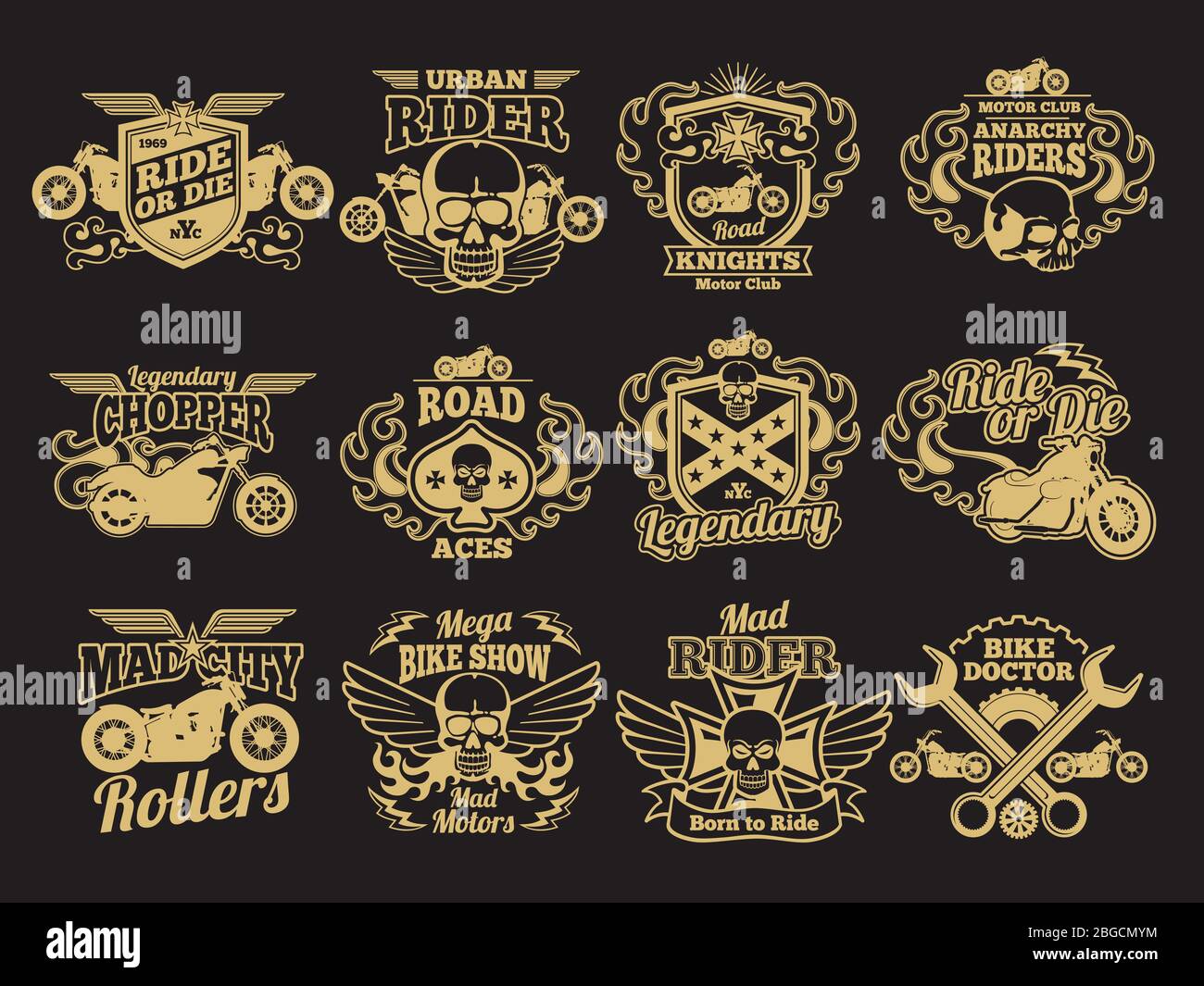 Motorbike club vintage vector patches on black. Motorcycle racing ...