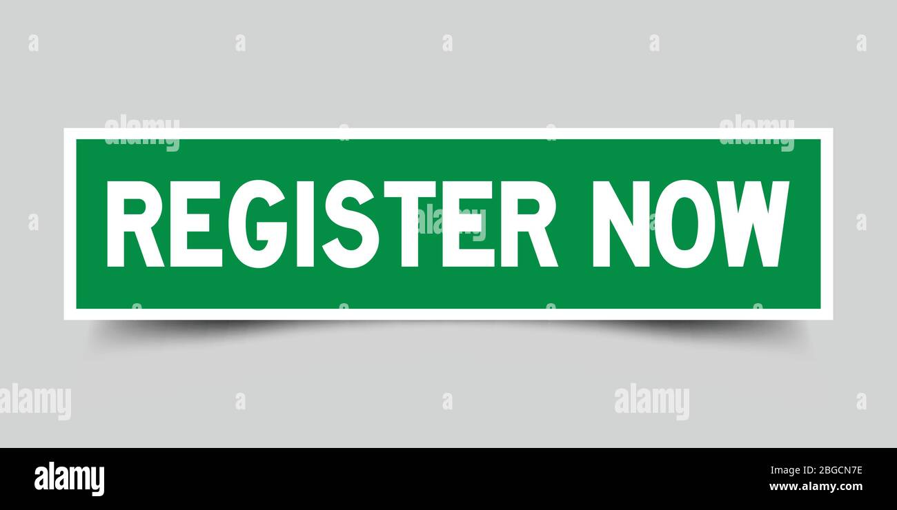 White and green color register now word sticker on gray background ...