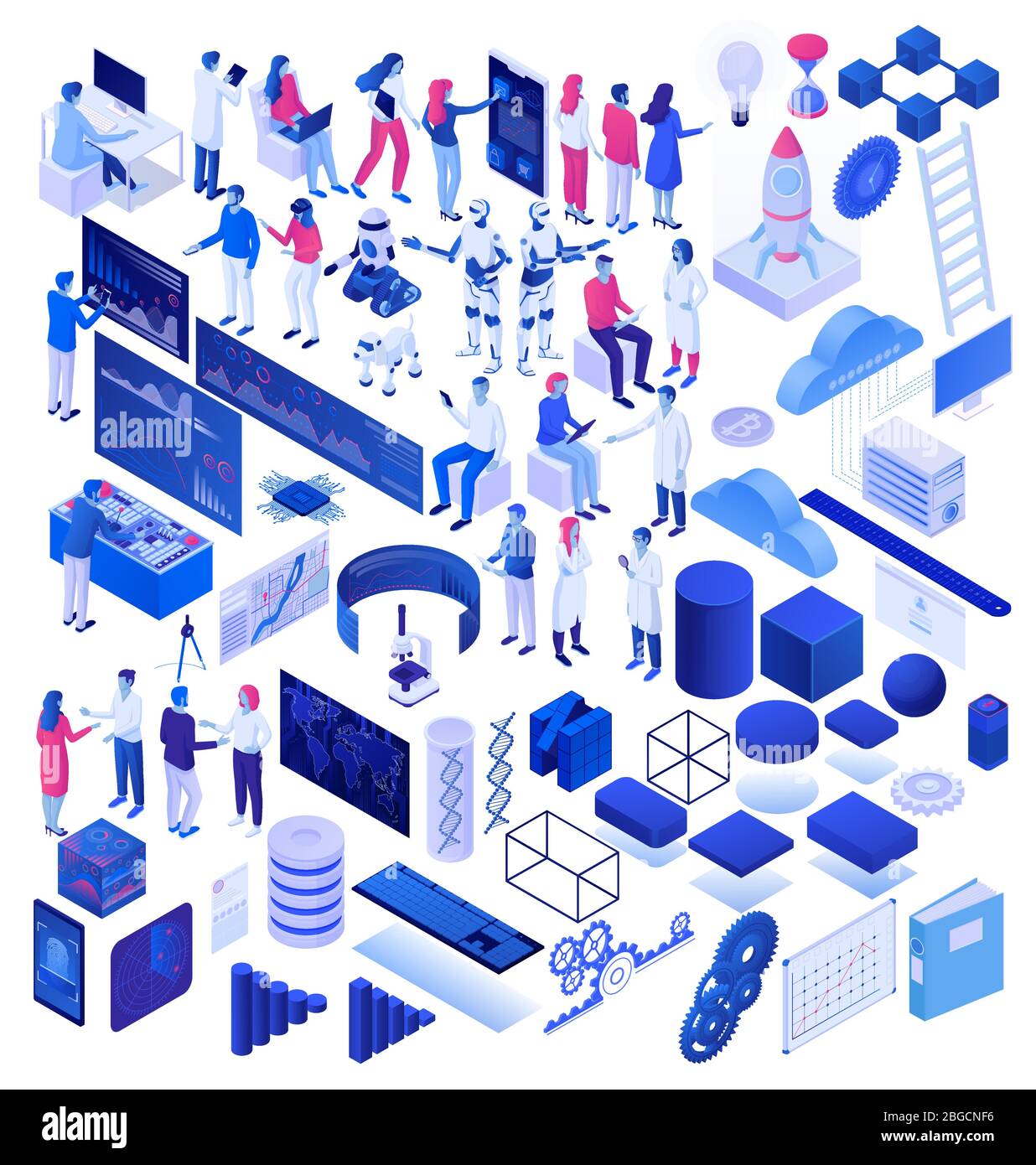 Cartoon working science and hi tech people isometric vector graphic ...