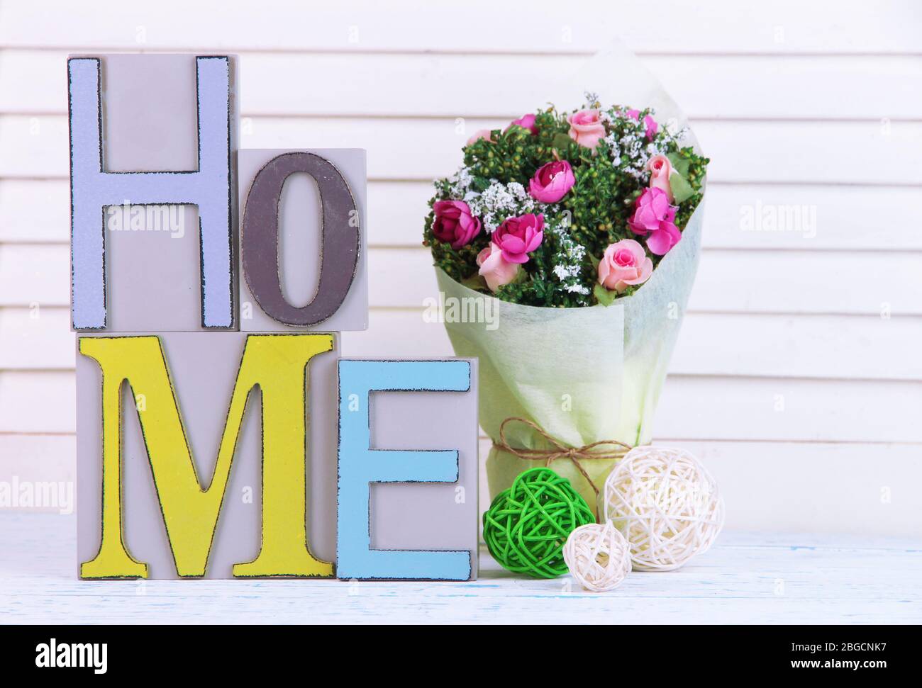 Composition with decorative letters on table on wooden background Stock ...