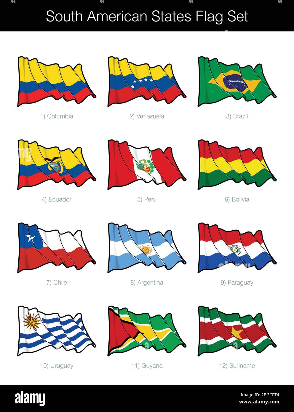 South American States Waving Flag Set. The set includes the flags of ...