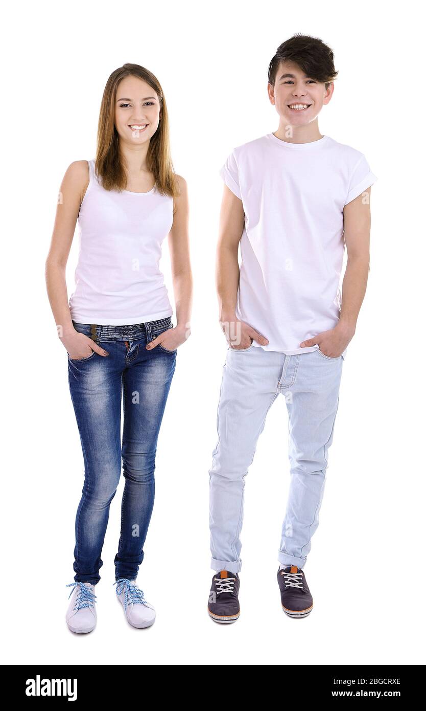 Two beautiful young people isolated on white Stock Photo - Alamy
