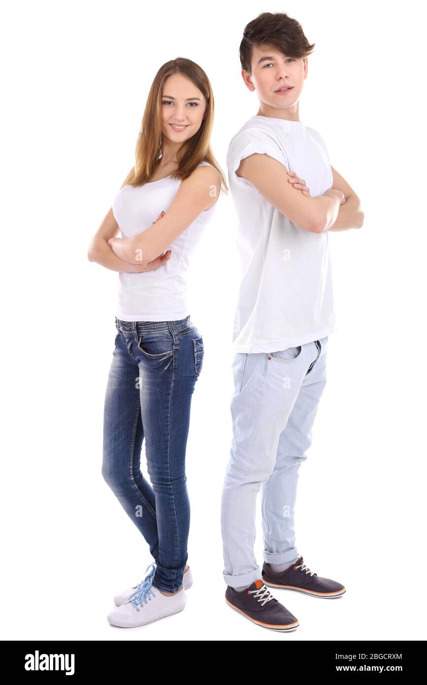 Two beautiful young people isolated on white Stock Photo - Alamy