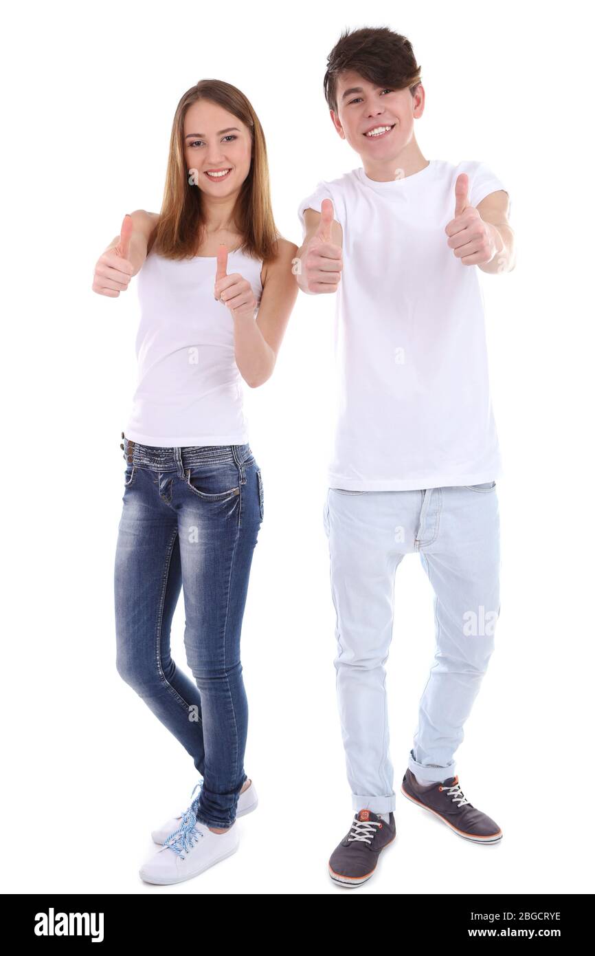 Two beautiful young people isolated on white Stock Photo - Alamy
