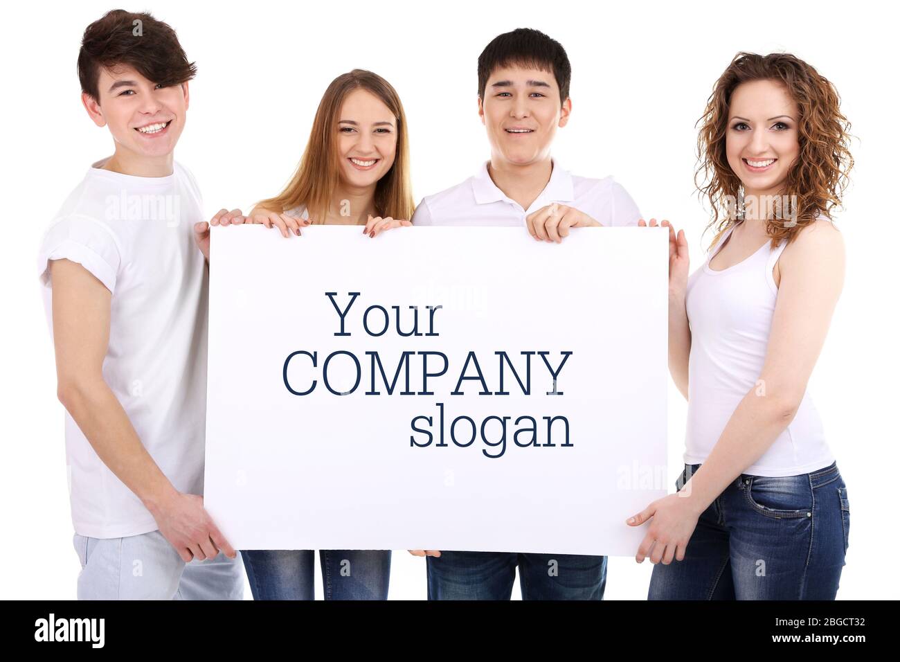 Group of happy young people holding blank poster isolated on white ...