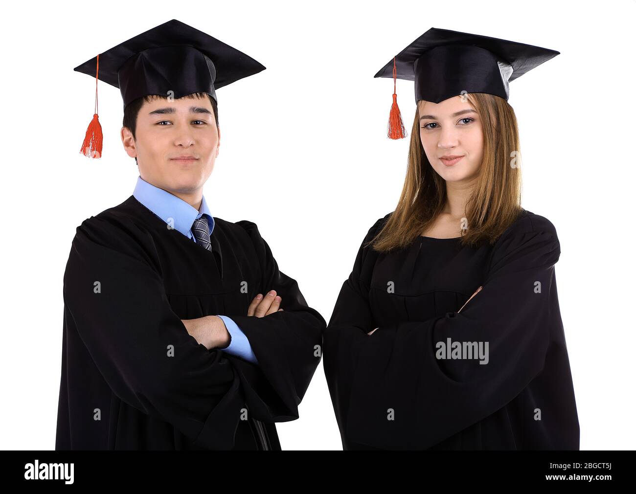 Two happy graduating students isolated on white Stock Photo - Alamy